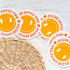 Jesus Loves You Smiley Face Groovy Retro Laminated Vinyl Sticker ...