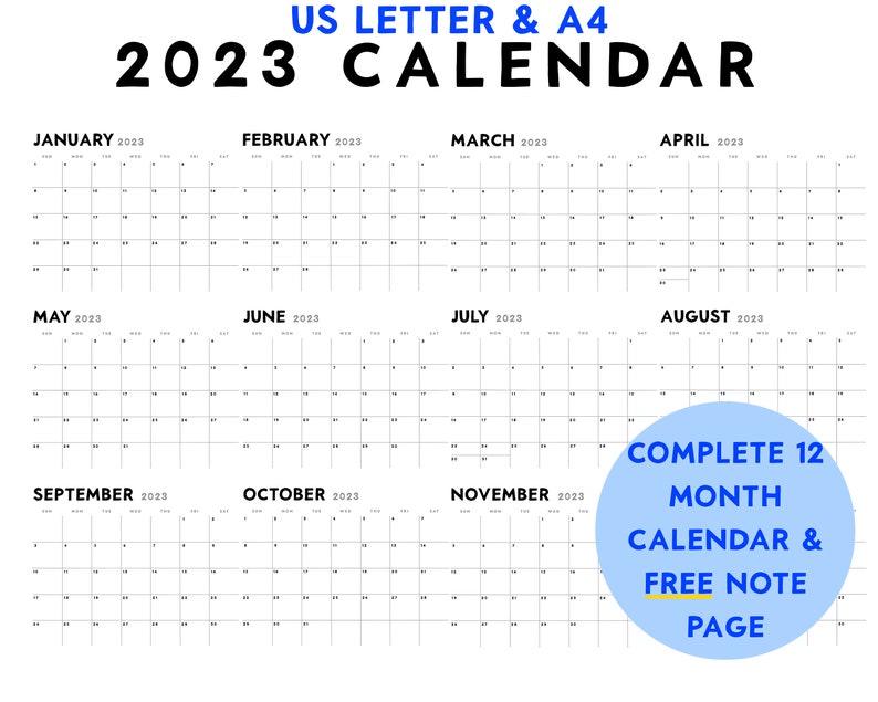 Printable 2023 Calendar Simple Complete Calendar Instant - Etsy