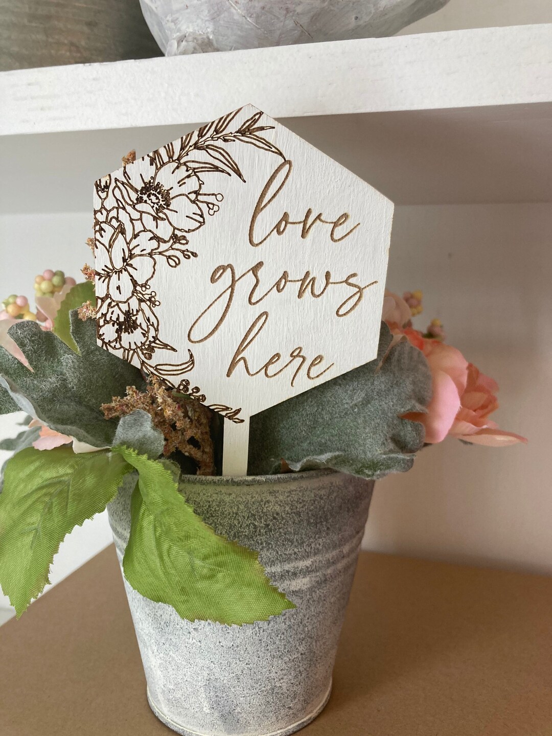 Love Grows Here Plant Stake | Wooden Plant Stake | Gift for Her ...