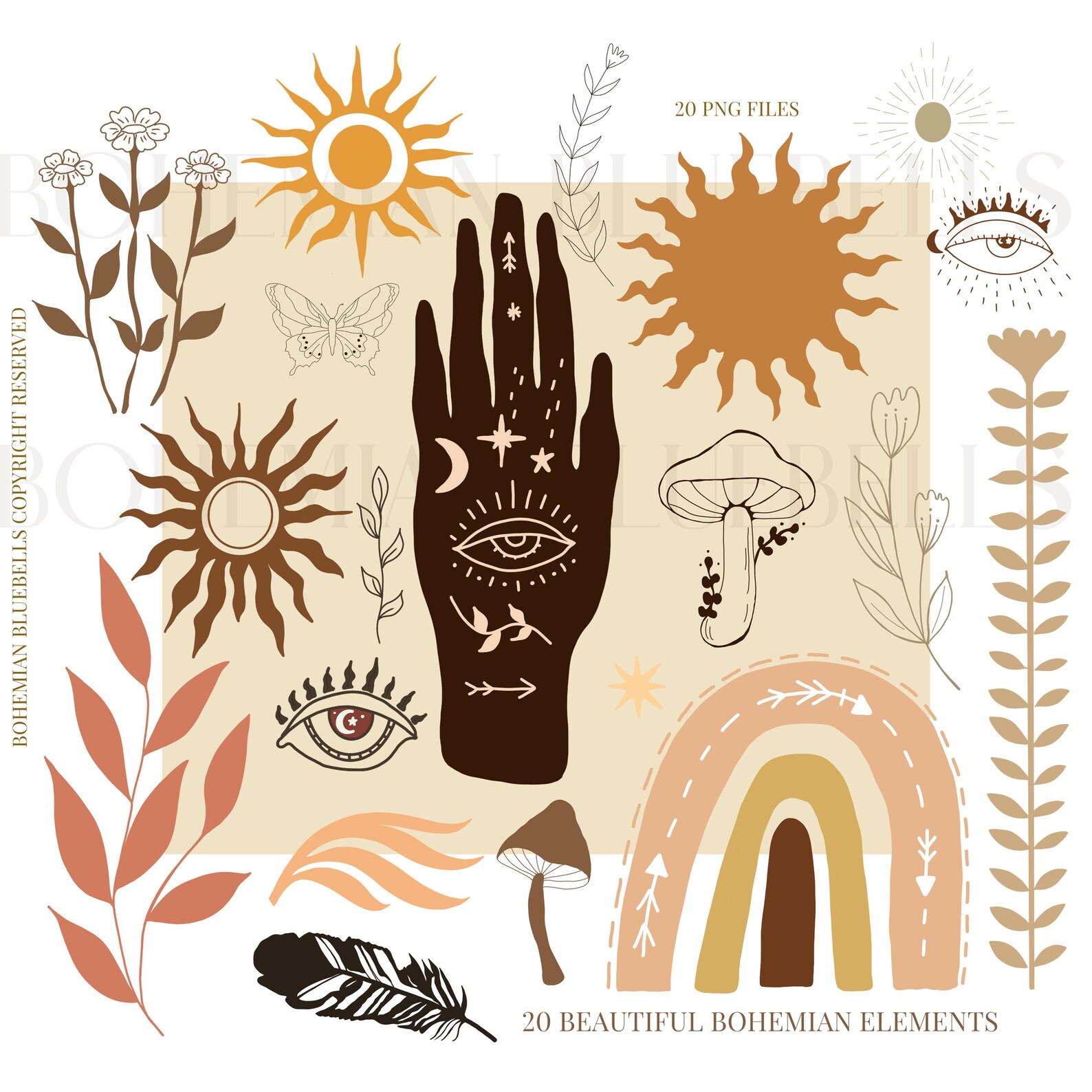 Boho Elements PNG Bundle, Clipart,floral, Sun, Feather, Rainbow ...