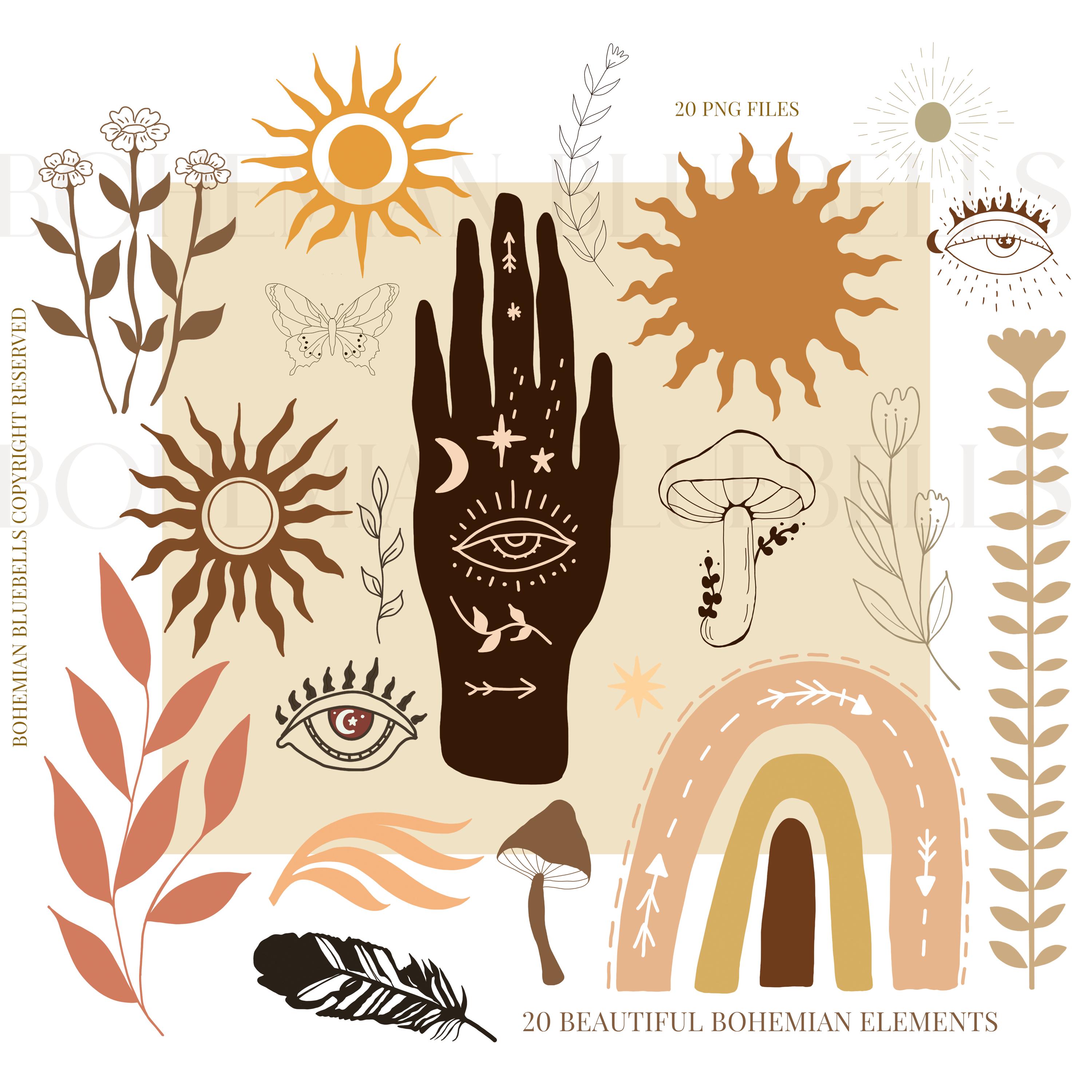 Boho Clipart PNG Bundle: Celestial Sun, Rainbow, Flowers (digital ...