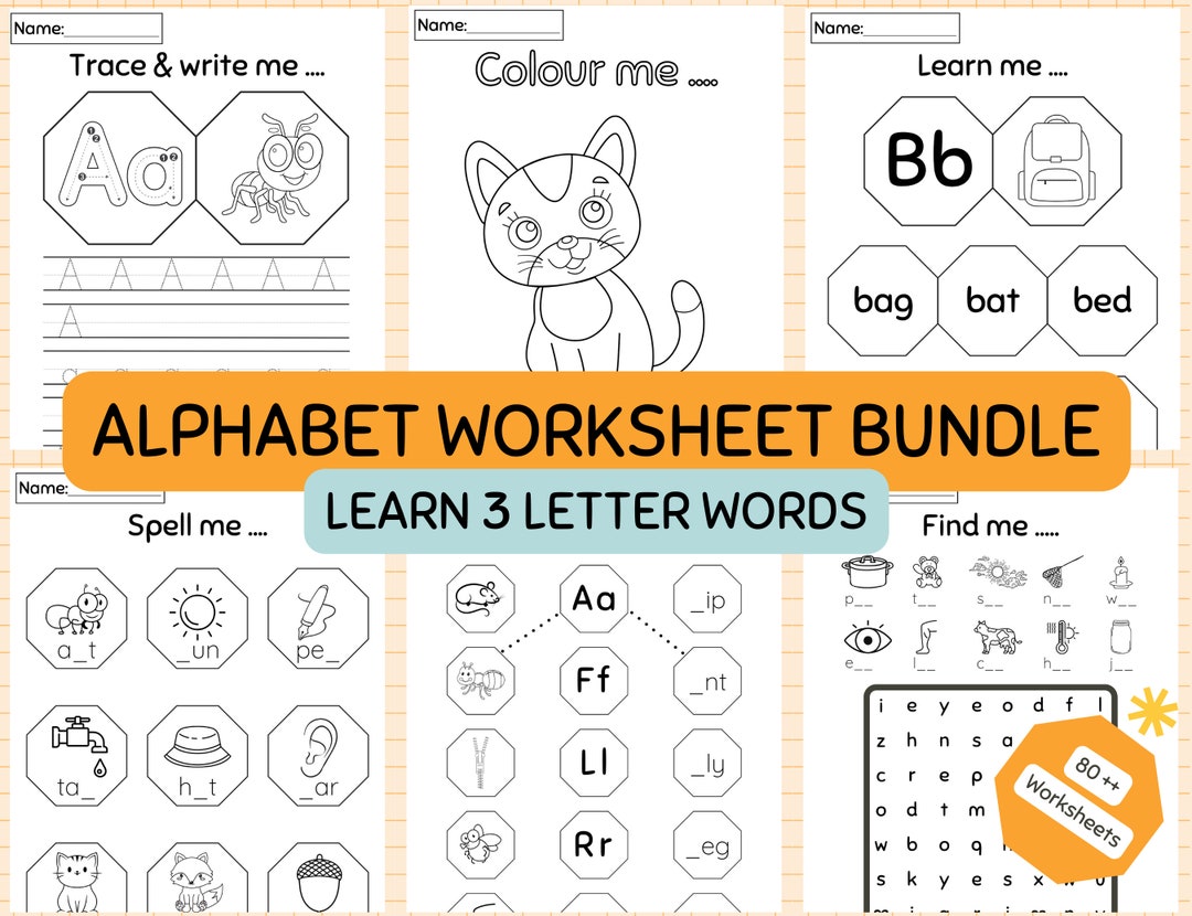 Printable Alphabet Worksheets Learn 3 Letter Words Coloring - Etsy