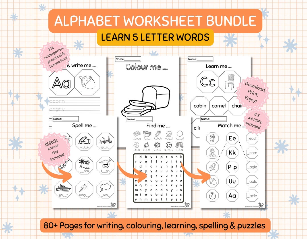 First Grade Alphabet Printable Worksheets Learn 5 Letter - Etsy