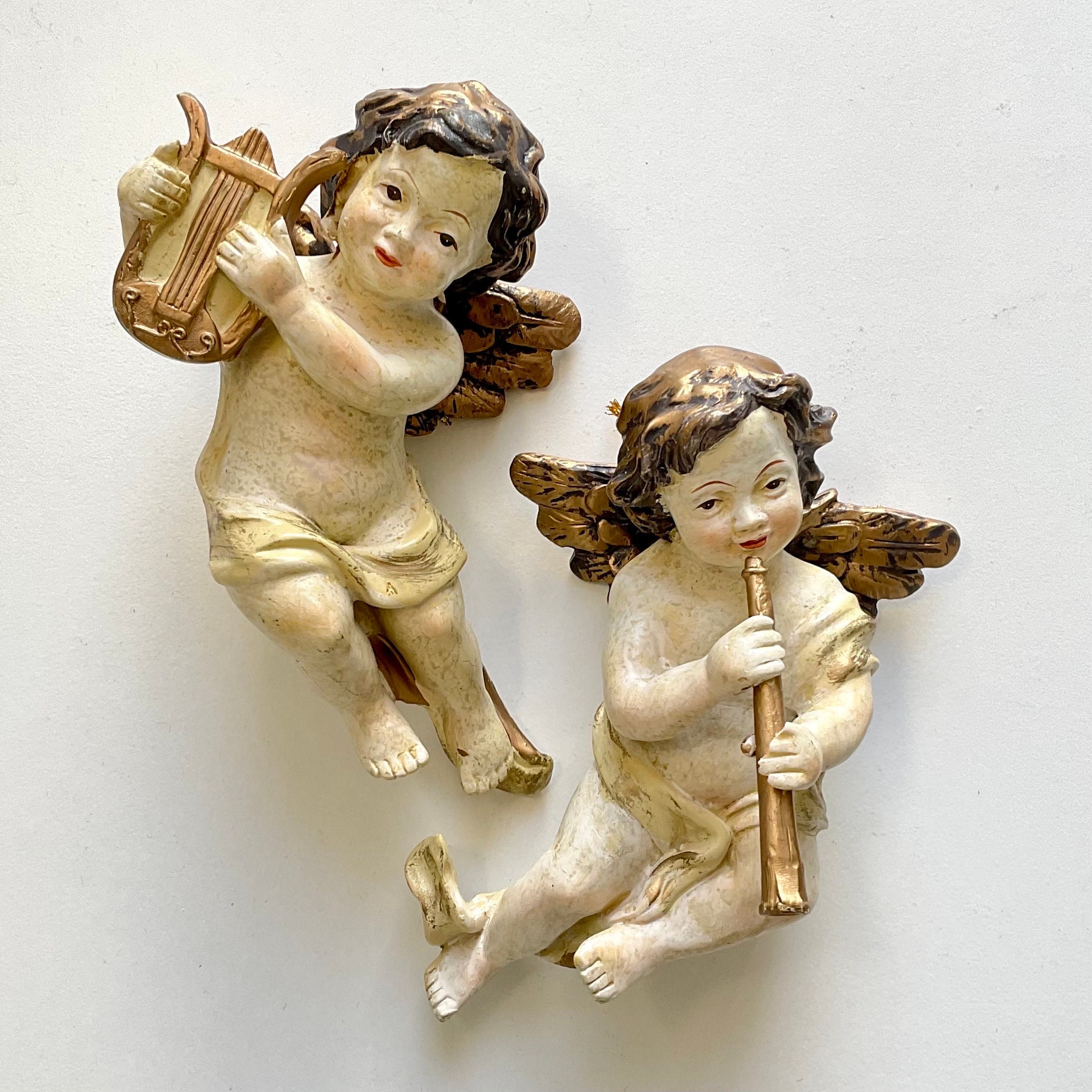 A Pair of Vintage Putti Cherub Figurines With Instruments, Handpainted ...