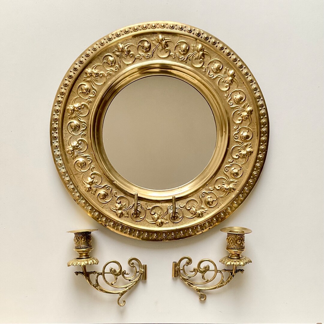 Large Antique Scandinavian Brass Wall Candle Sconce With Mirror and Two Candle Holders ...