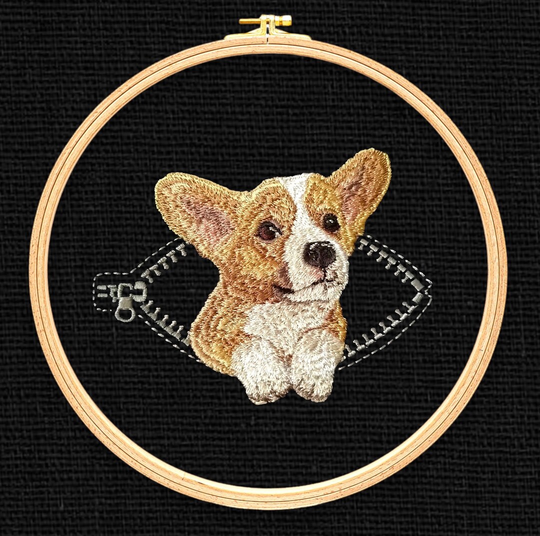 Corgi in a Zipper Pocket Miniature Realistic Machine Embroidery Design ...