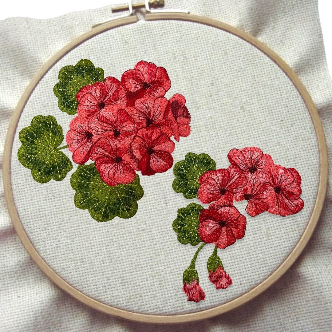 Geranium With 3D Elements Floral Pattern Flower Machine Embroidery ...