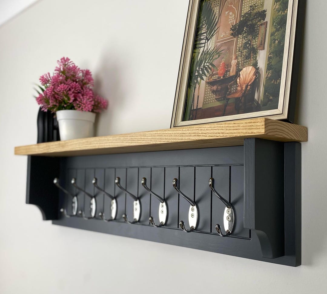 Basalt Gray Coat Rack With Shelf, Wooden Towel Rack With Shelf, Wall ...
