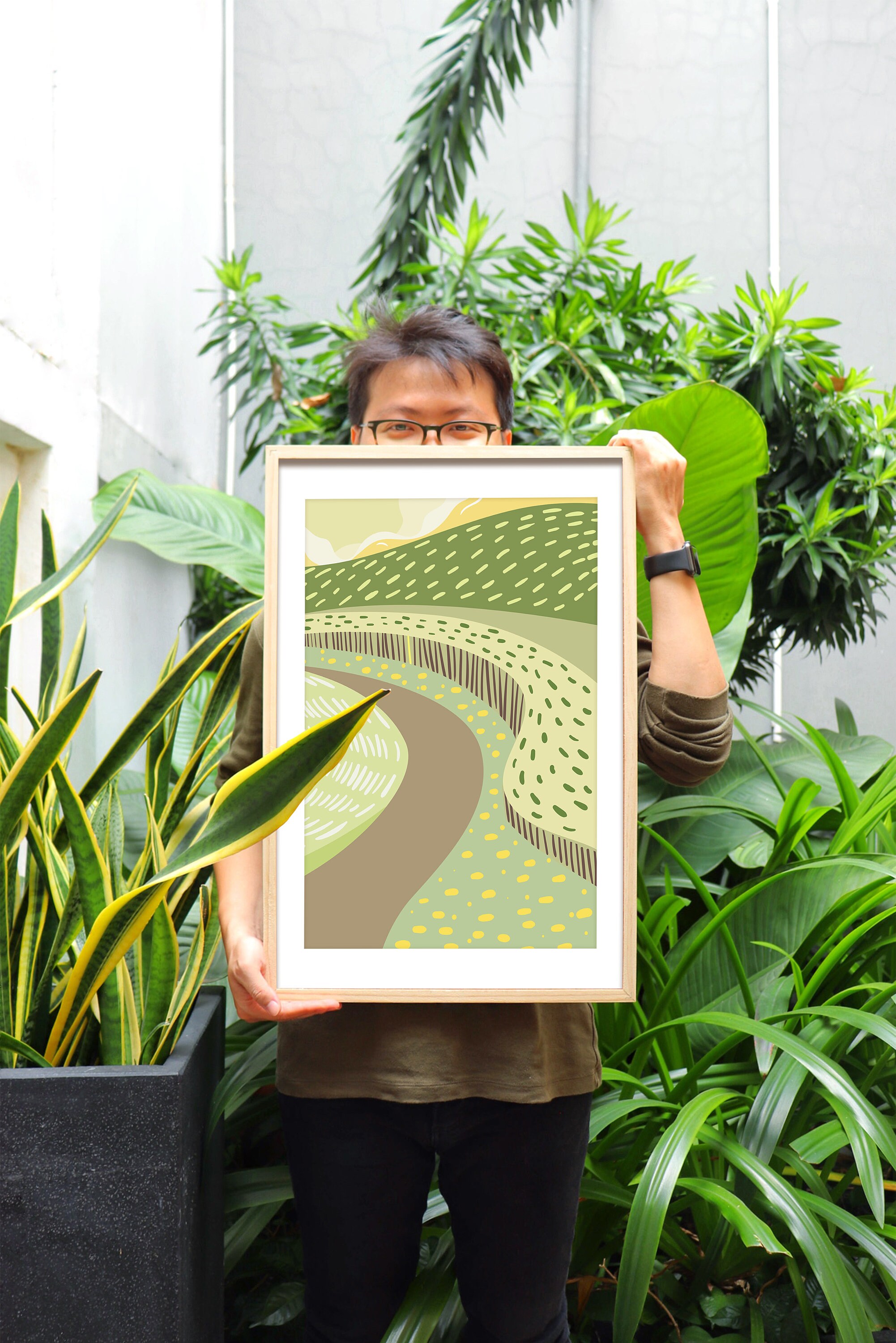 Organic shape Home office Bedroom décor Tea hill landscape Yellow green ...