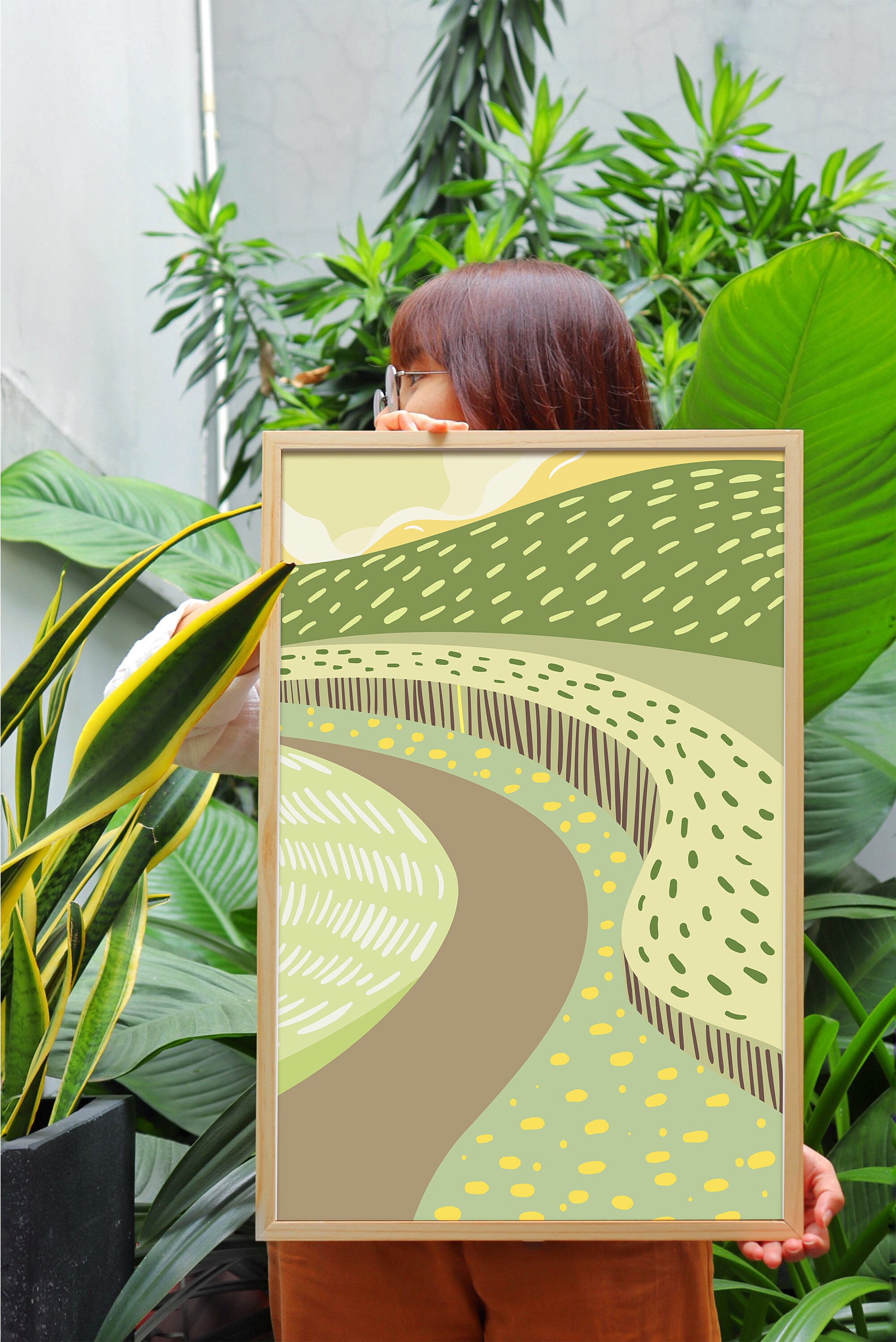 Organic shape Home office Bedroom décor Tea hill landscape Yellow green ...