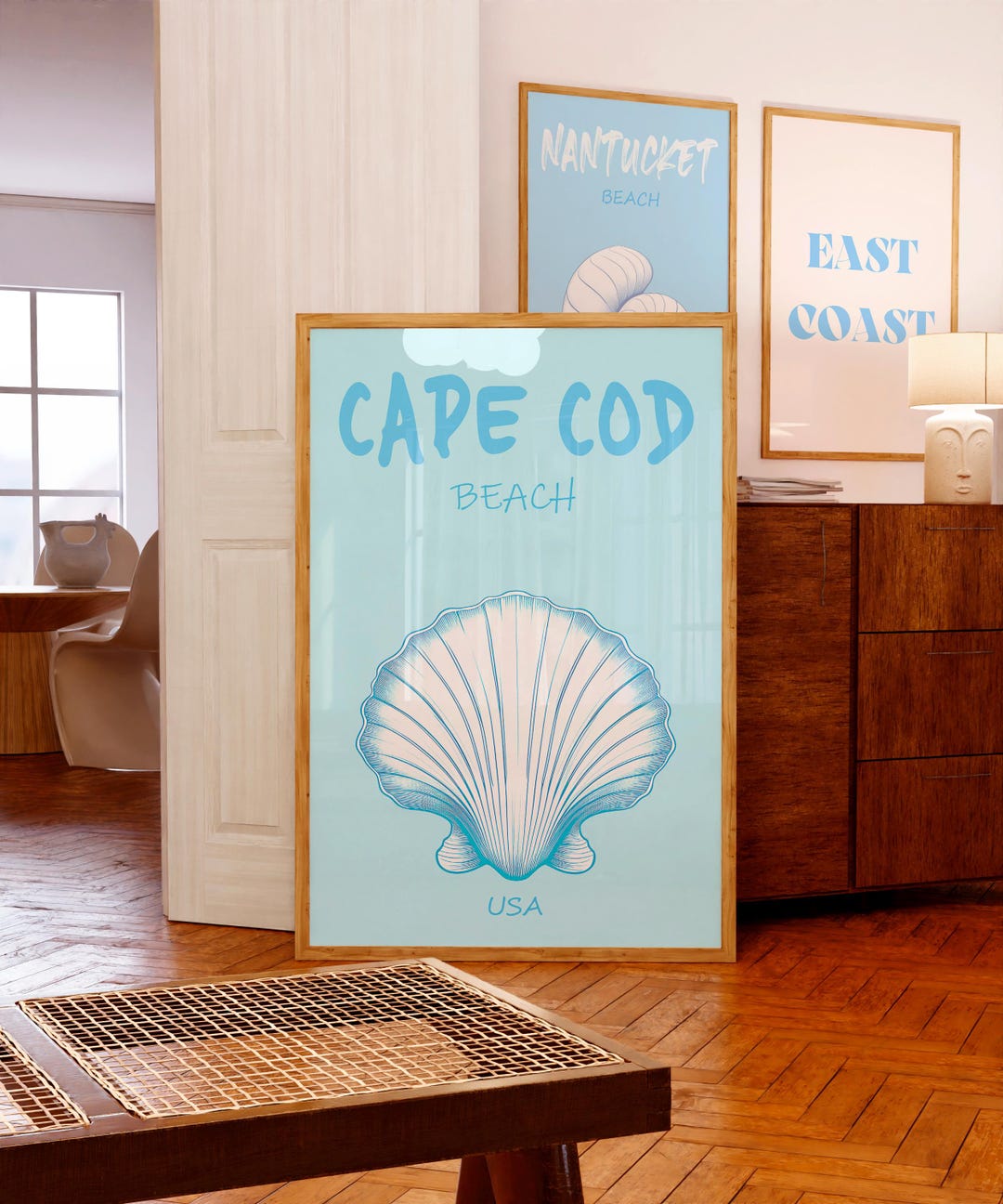 Cape Cod Beach Print Seashell Wall Art Light Blue Coastal Print ...