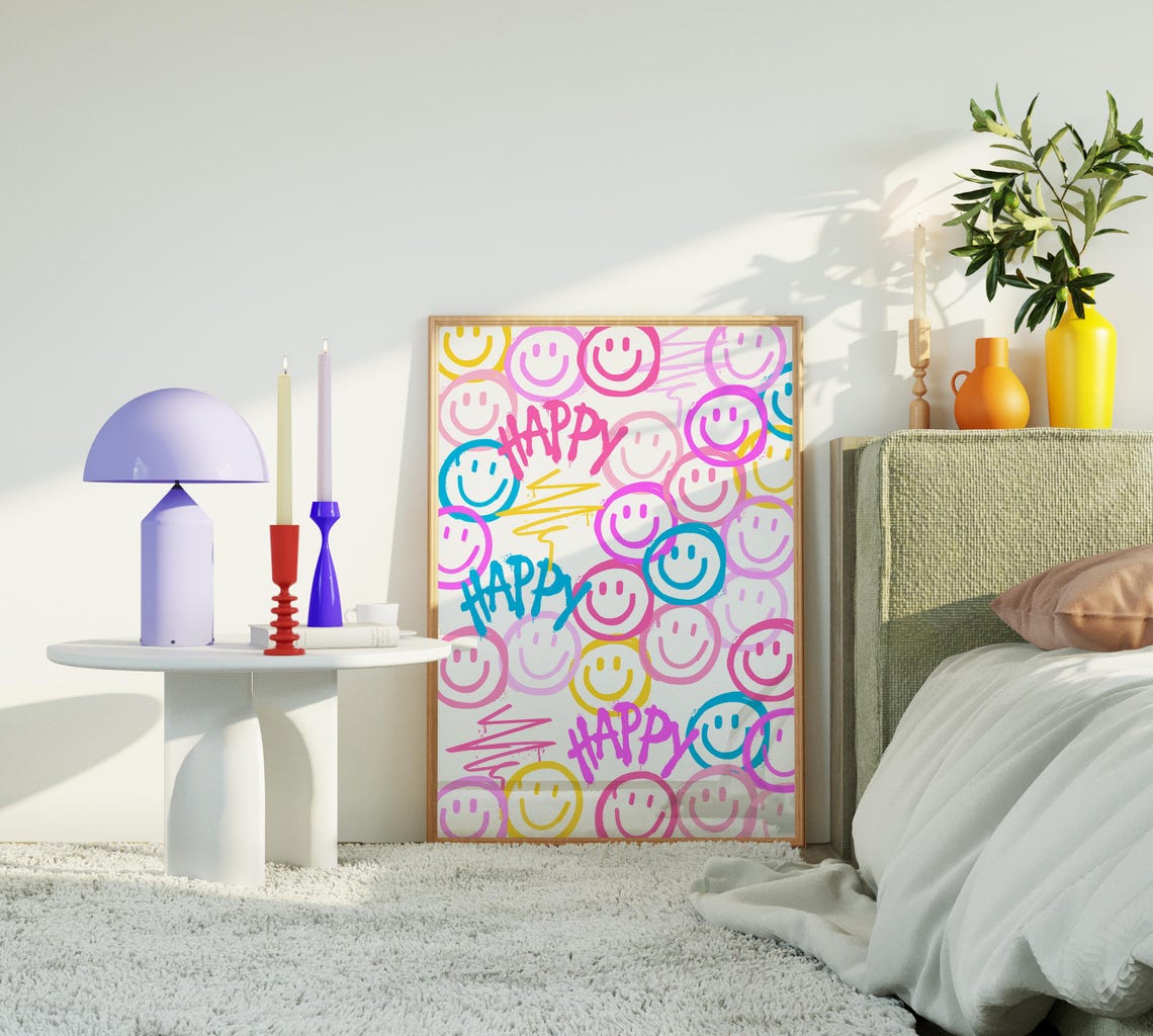 Colorful Happy Wall Art Preppy Print: Kids Playroom Decor (digital ...