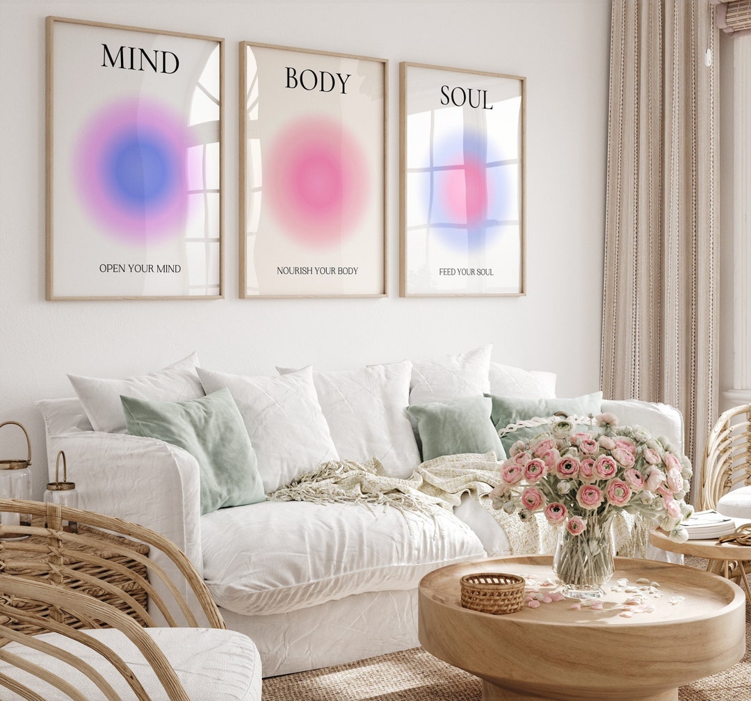 Mind Body Soul Poster Pink Blue Aura Prints Set of 3 Spiritual Wall Art ...