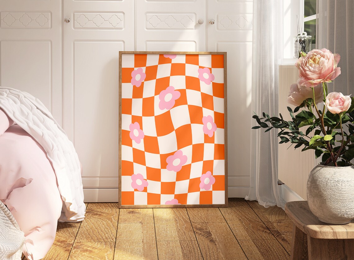 Floral Checkerboard Print: Retro 70s Wavy Decor (digital Download) - Etsy