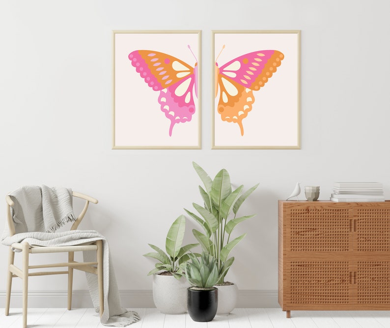 Split Butterfly Wall Art Pink Orange Preppy Aesthetic Room - Etsy