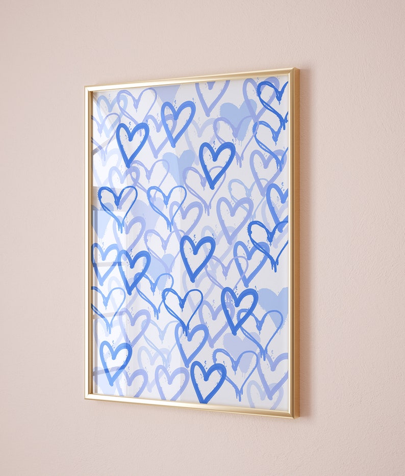 Blue Hearts Print: Trendy Preppy Room Decor, Romantic Wall Art (digital ...