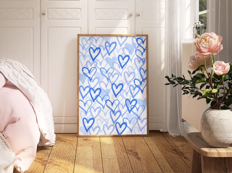 Blue Hearts Print: Trendy Preppy Room Decor, Romantic Wall Art (digital ...
