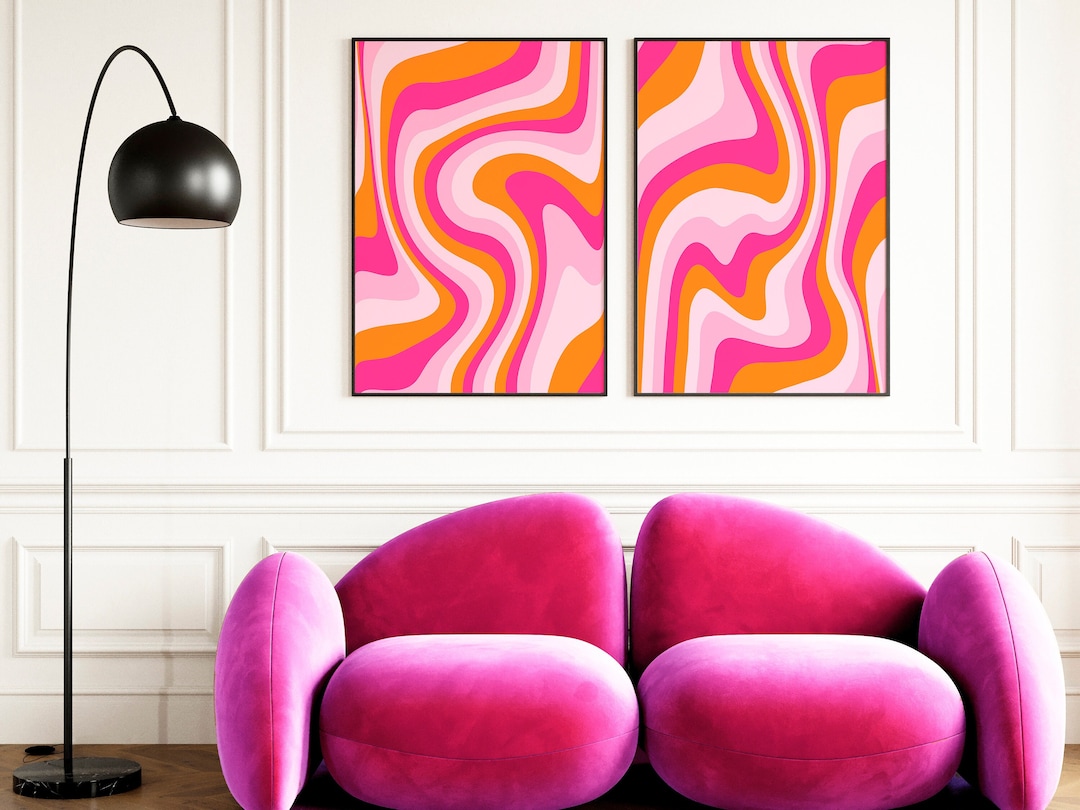 Retro Wavy Print Swirly Squiggle Wall Art Bold Groovy Print Bright Pink ...