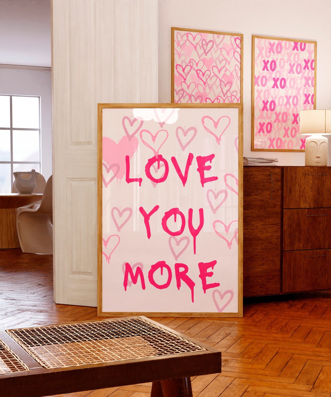 Love You More Wall Art Pink Preppy Print Graffiti Love Quote Poster Hearts Print Romantic ...