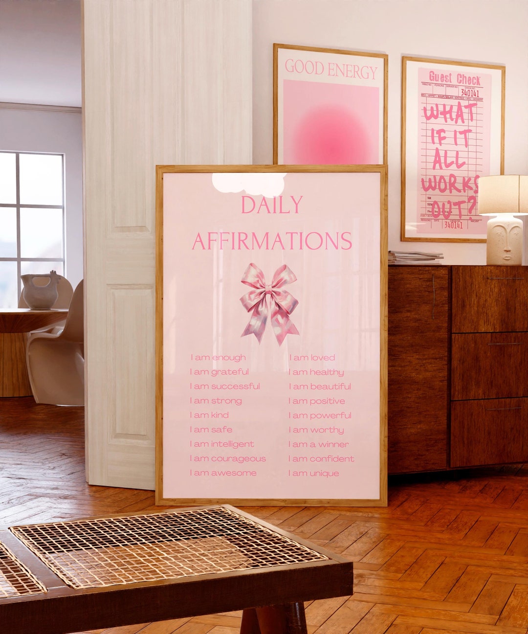 Daily Affirmations Wall Art Pink Bow Print Coquette Room Decor for ...