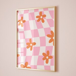 Checkered Print Retro Wavy Poster Groovy Flower Wall Art Pink Orange ...