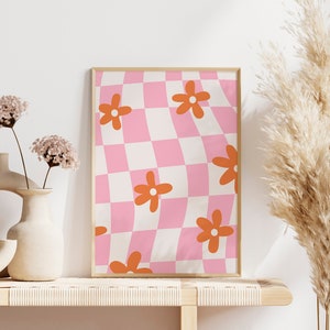 Checkered Print Retro Wavy Poster Groovy Flower Wall Art Pink Orange ...