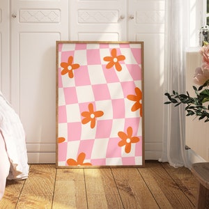 Checkered Print Retro Wavy Poster Groovy Flower Wall Art Pink Orange ...
