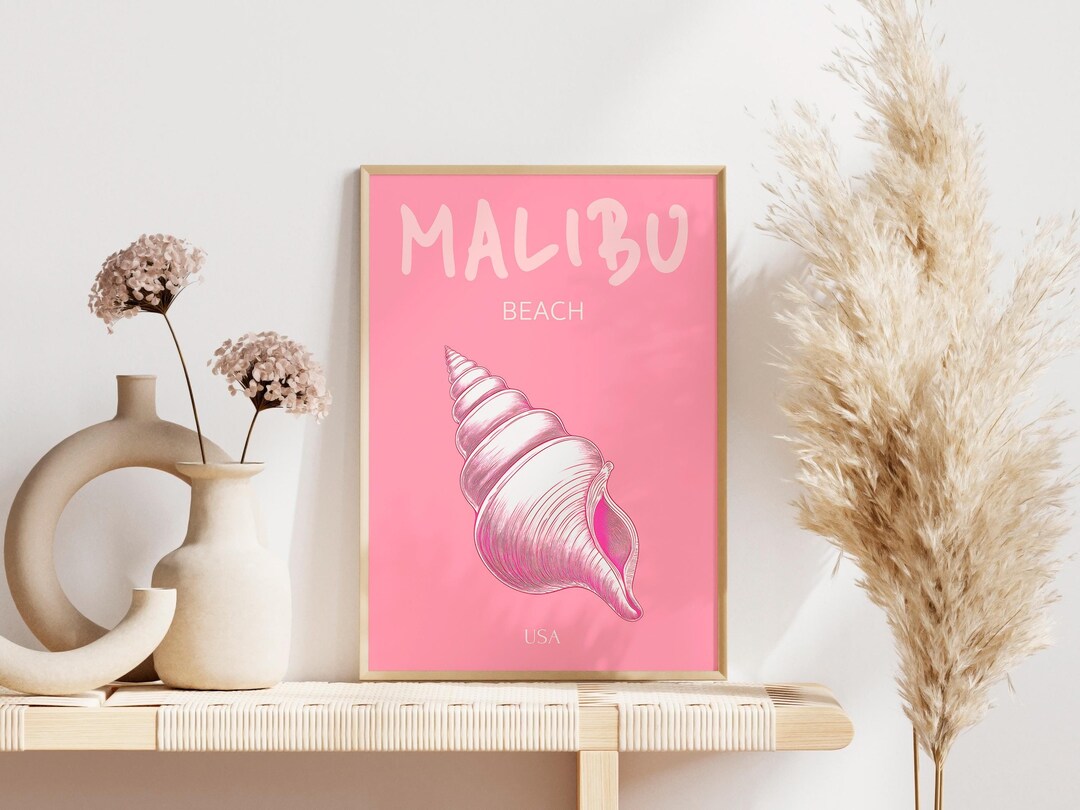 Malibu Beach Print Pink Coastal Wall Art Conch Shell Print Preppy ...