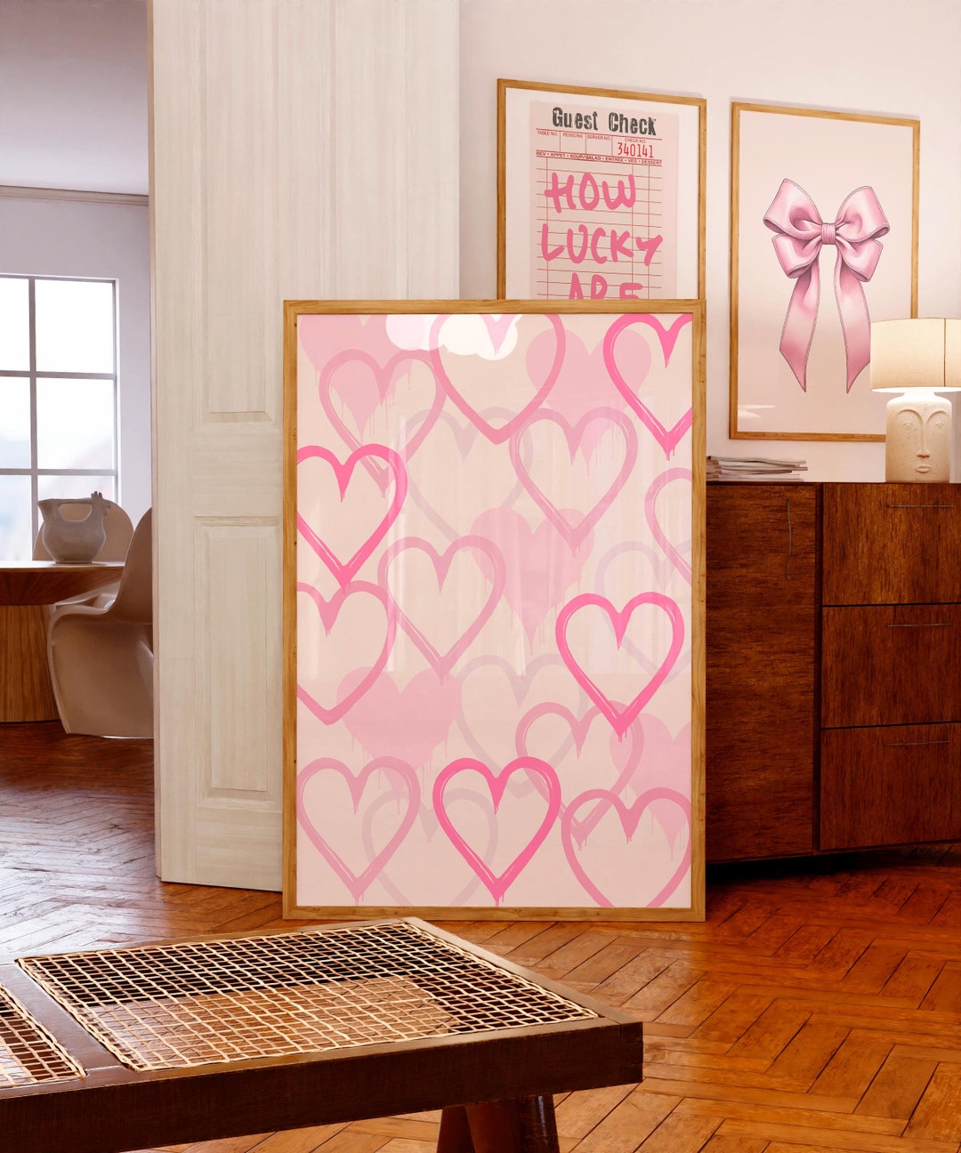 Pink Hearts Wall Art Preppy Light Pink Print for College Apartment Cute ...