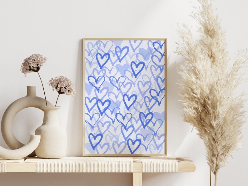 Blue Hearts Print: Trendy Preppy Room Decor, Romantic Wall Art (digital ...