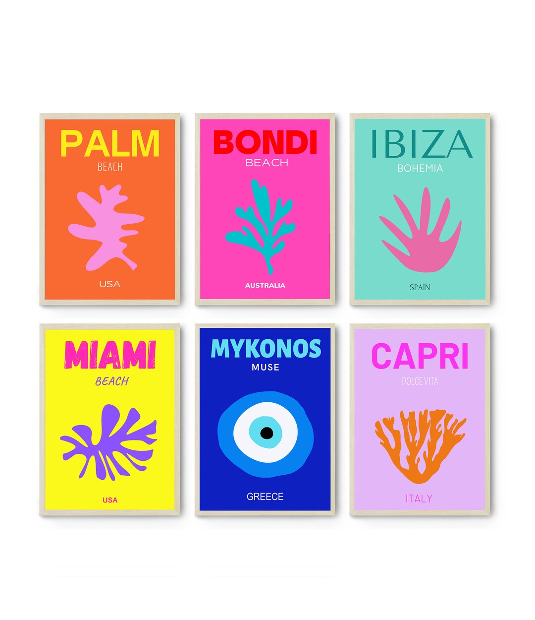 Colorful Preppy Wall Art Beach Travel Poster Gallery Wall Set of 6 ...