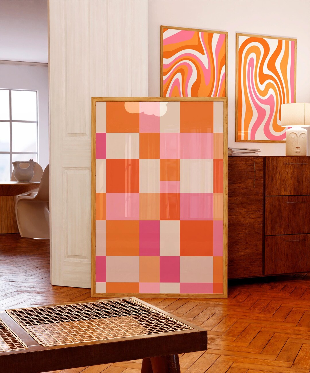 Checkered Print Pink Orange Checker Wall Art Funky Retro Dopamine Decor ...