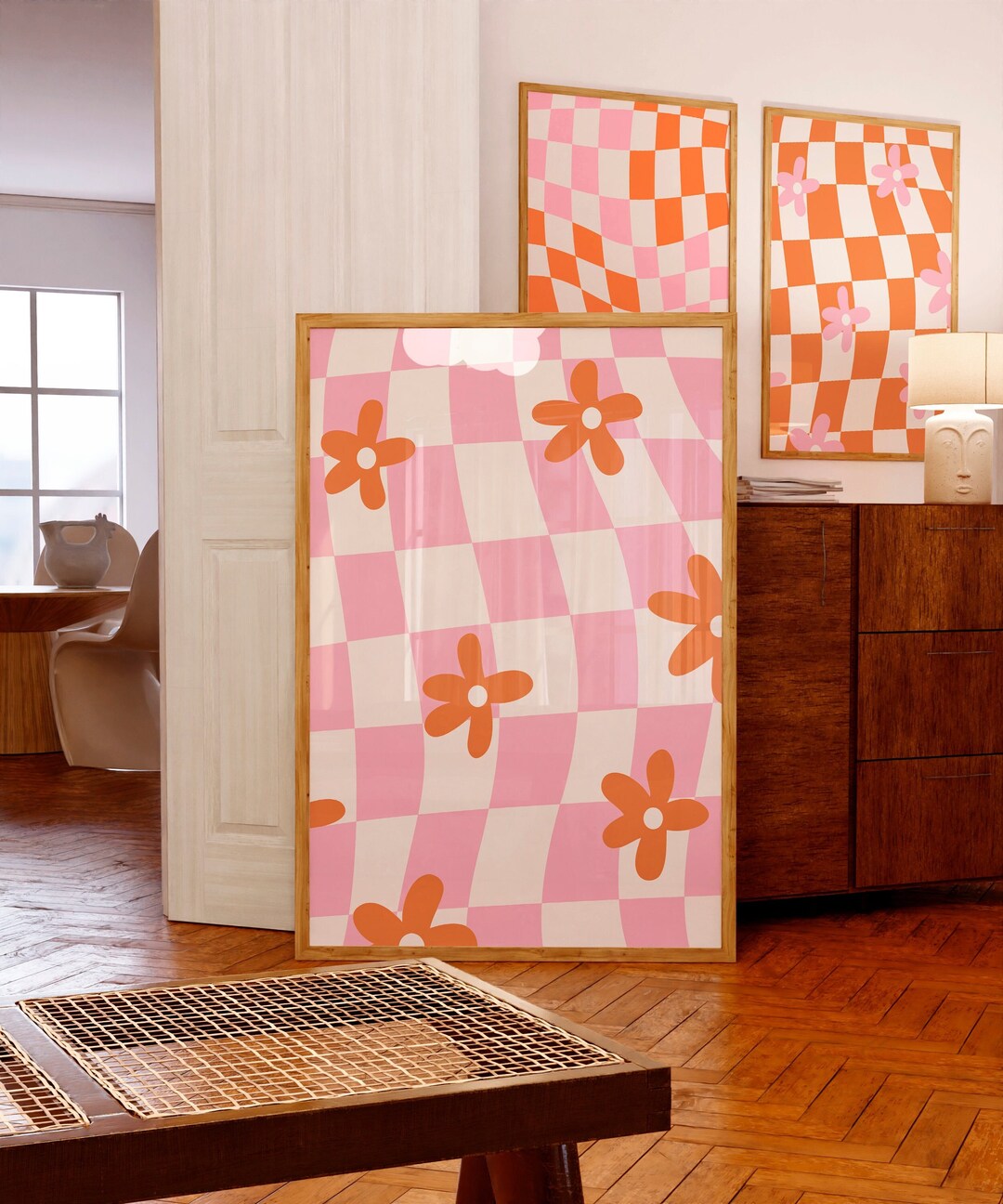 Checkered Print Retro Wavy Poster Groovy Flower Wall Art Pink Orange ...
