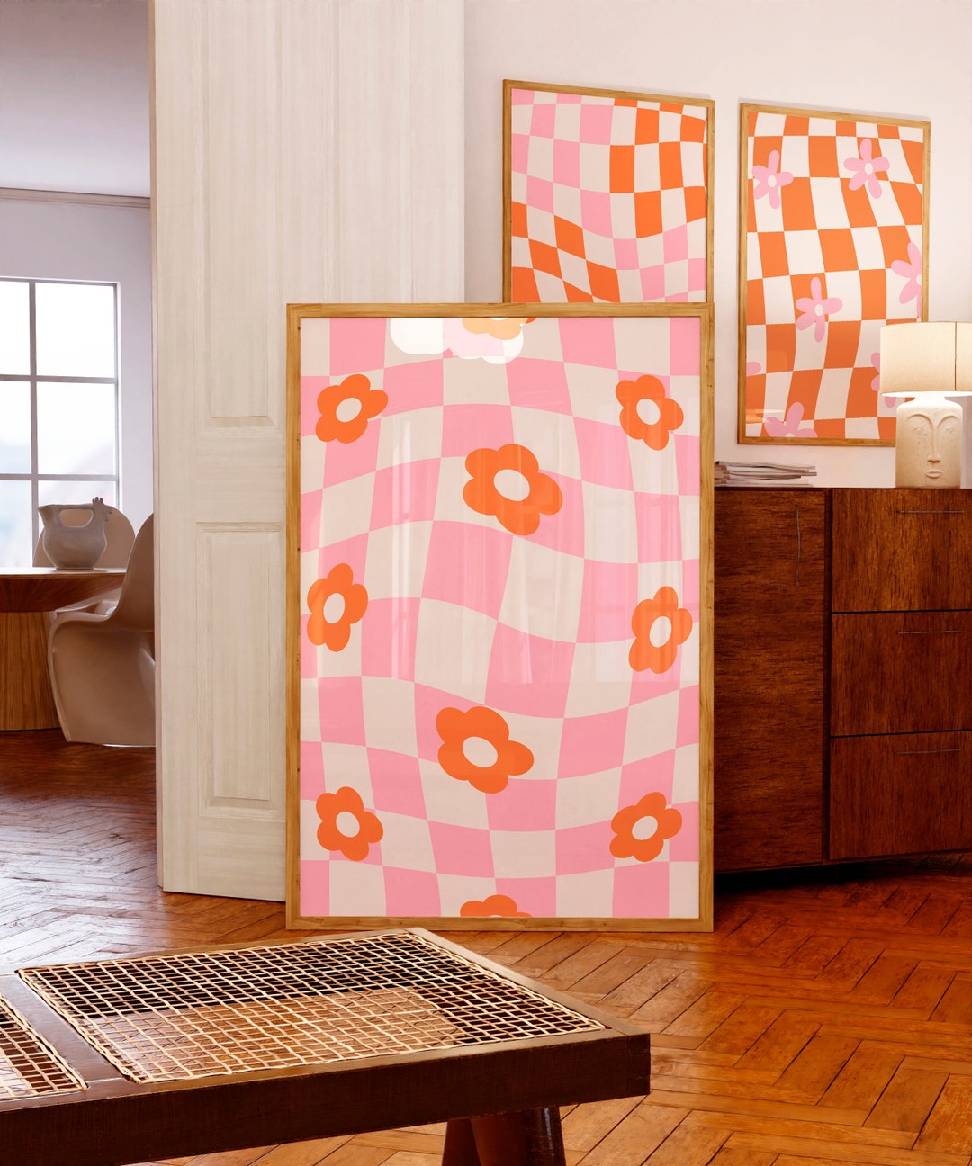 Wavy Checkered Wall Art Flower Checkerboard Print Groovy Flower Decor ...