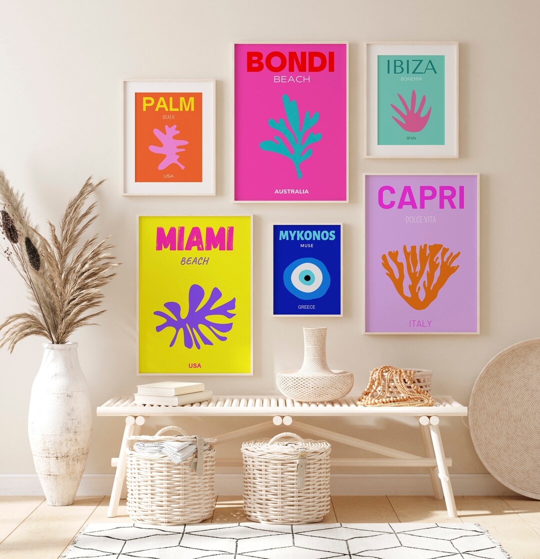 Colorful Preppy Wall Art Beach Travel Poster Gallery Wall Set of 6 ...