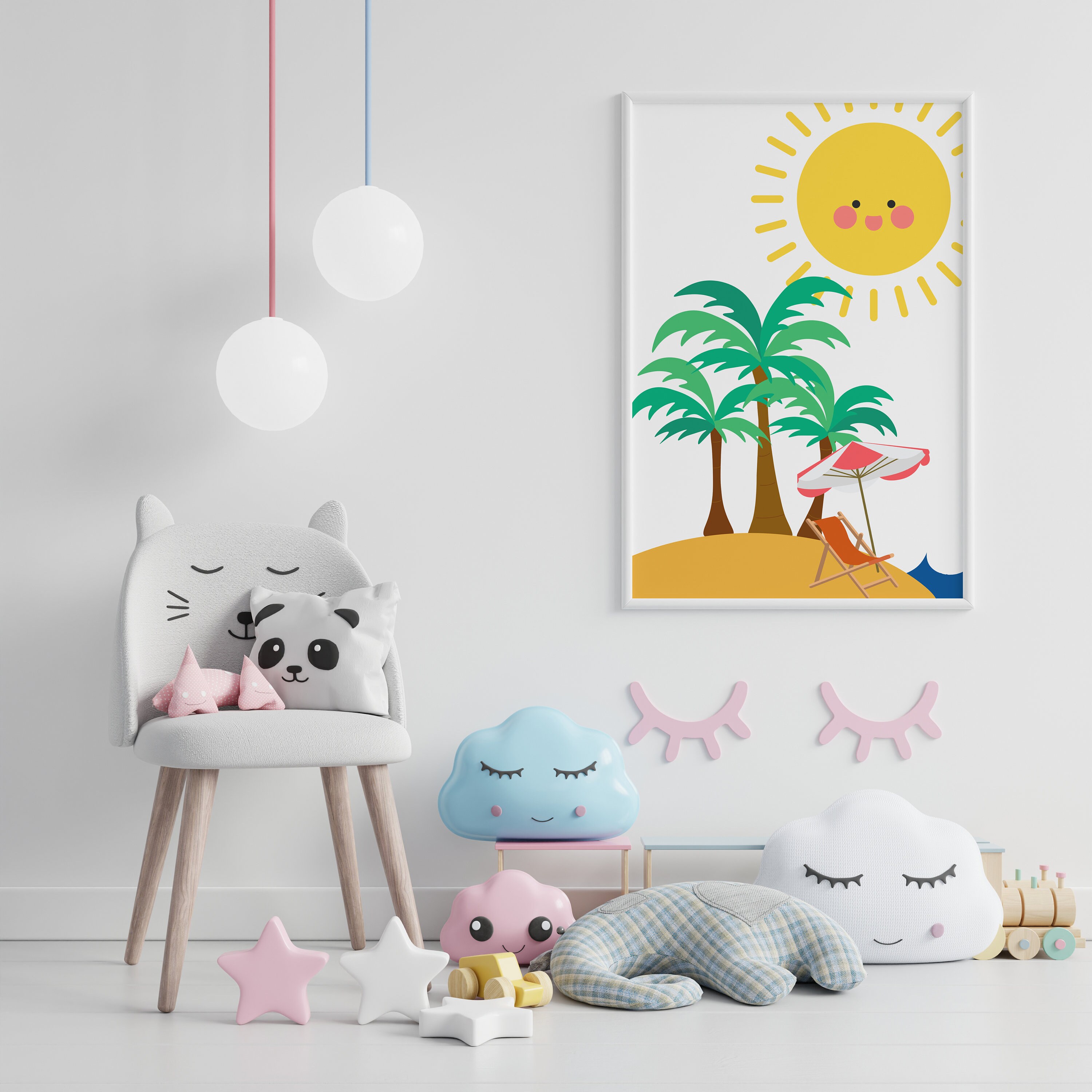 Summer Wall Poster Printables, Palm Sea Sun Decor, Smiling Sun Seasonal ...