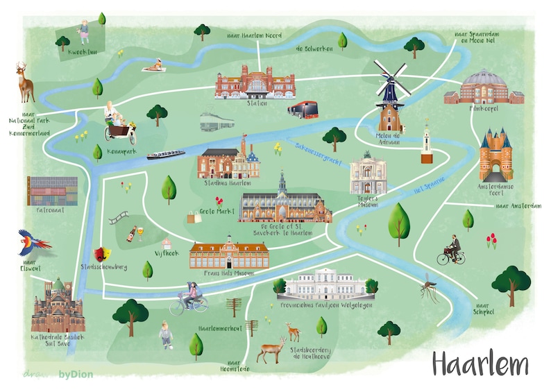 Haarlem Illustrated Map - Landscape Ft: Grote Kerk, Molen De Adriaan ...