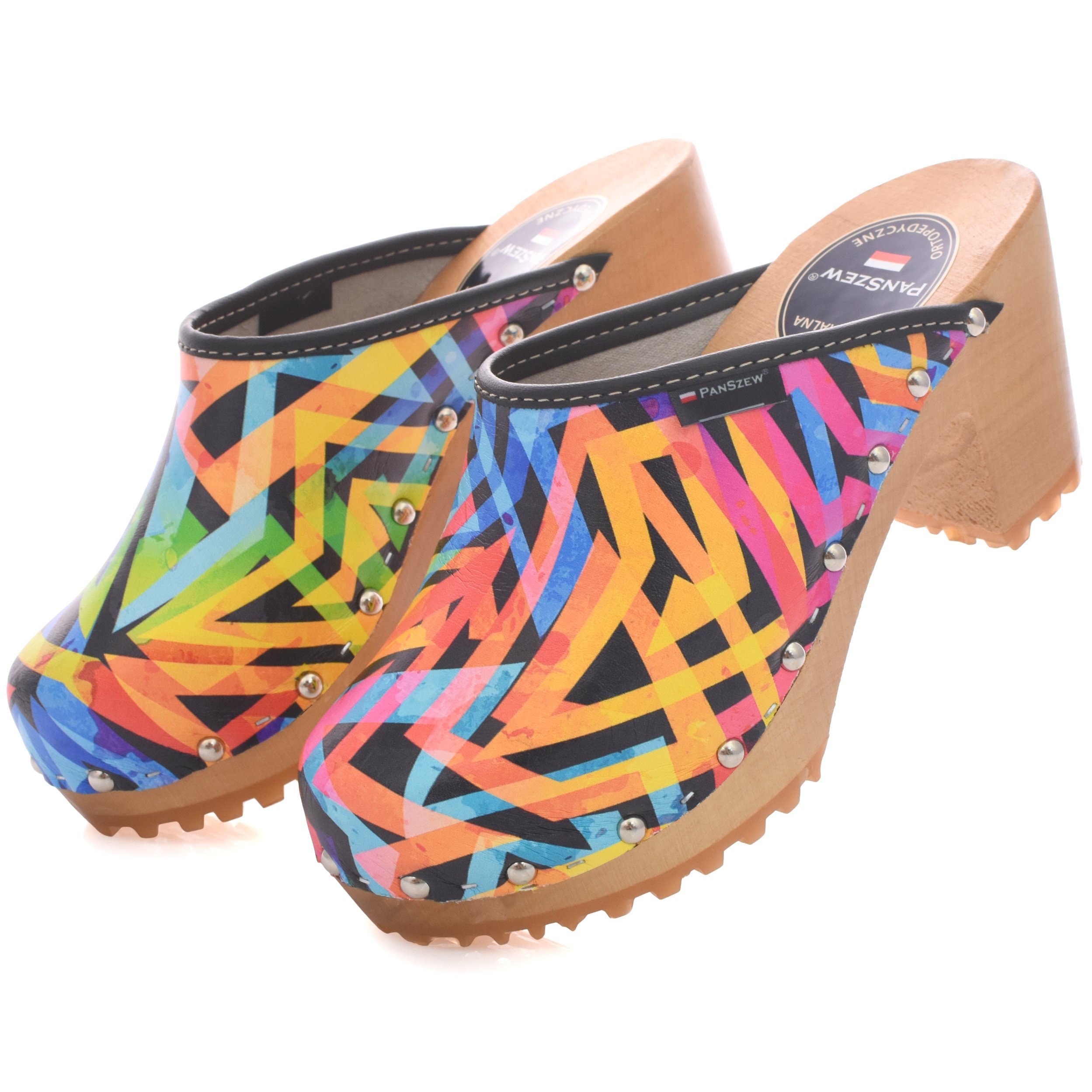 Rainbow Women Swedish Clogs Wooden Leather Polish Clogs Handmade High ...