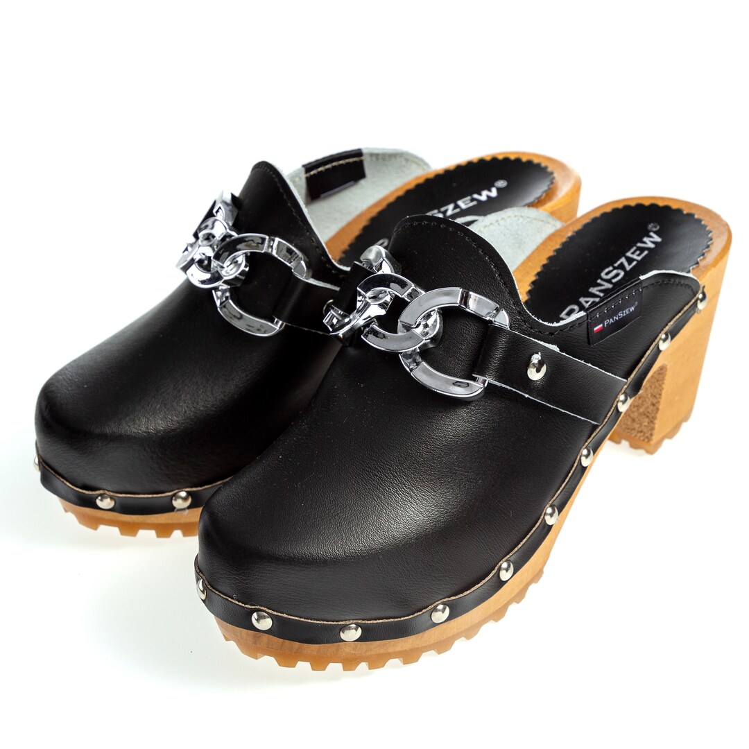 Polish Handmade Women's High Heel Clogs, Original Grain Leather Chain ...