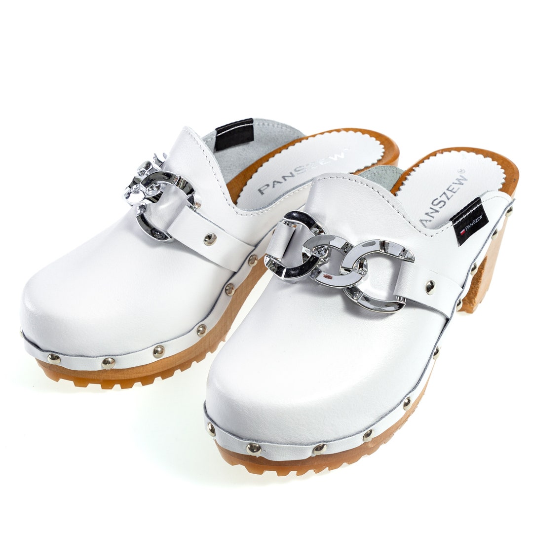 Polish Handmade Women's High Heel Clogs, Original Grain Leather Chain ...