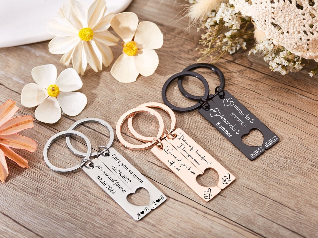 Custom Couple Keychain Set Heart, Personalised 2 Pcs Matching Keyring ...