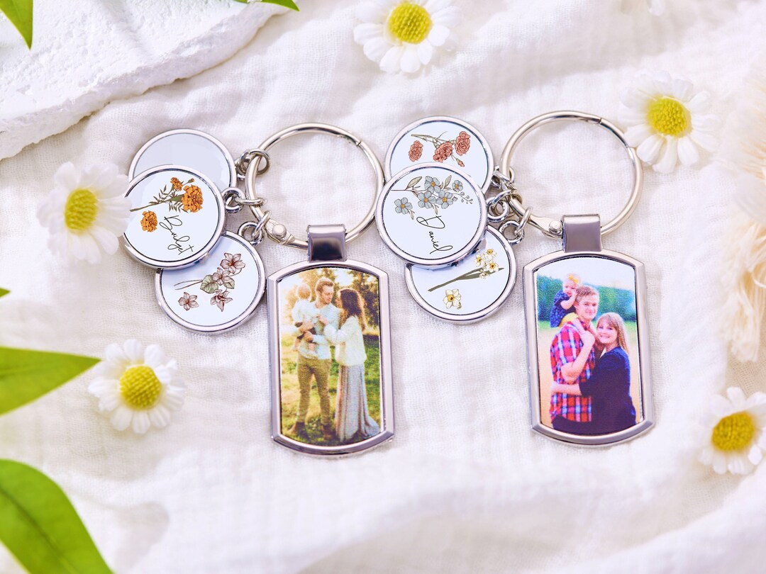 Personalized Birth Flower Keychain, Photo Keychain, Custom Name ...
