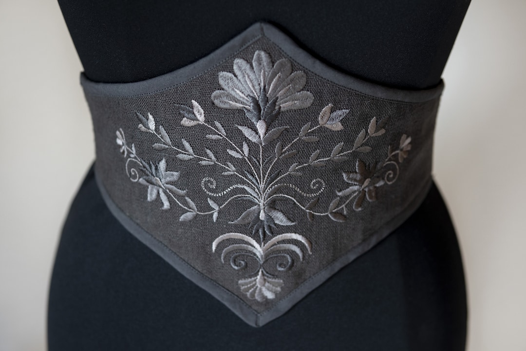 Waist Cincher Belt in Embroidered Gray Linen - Etsy