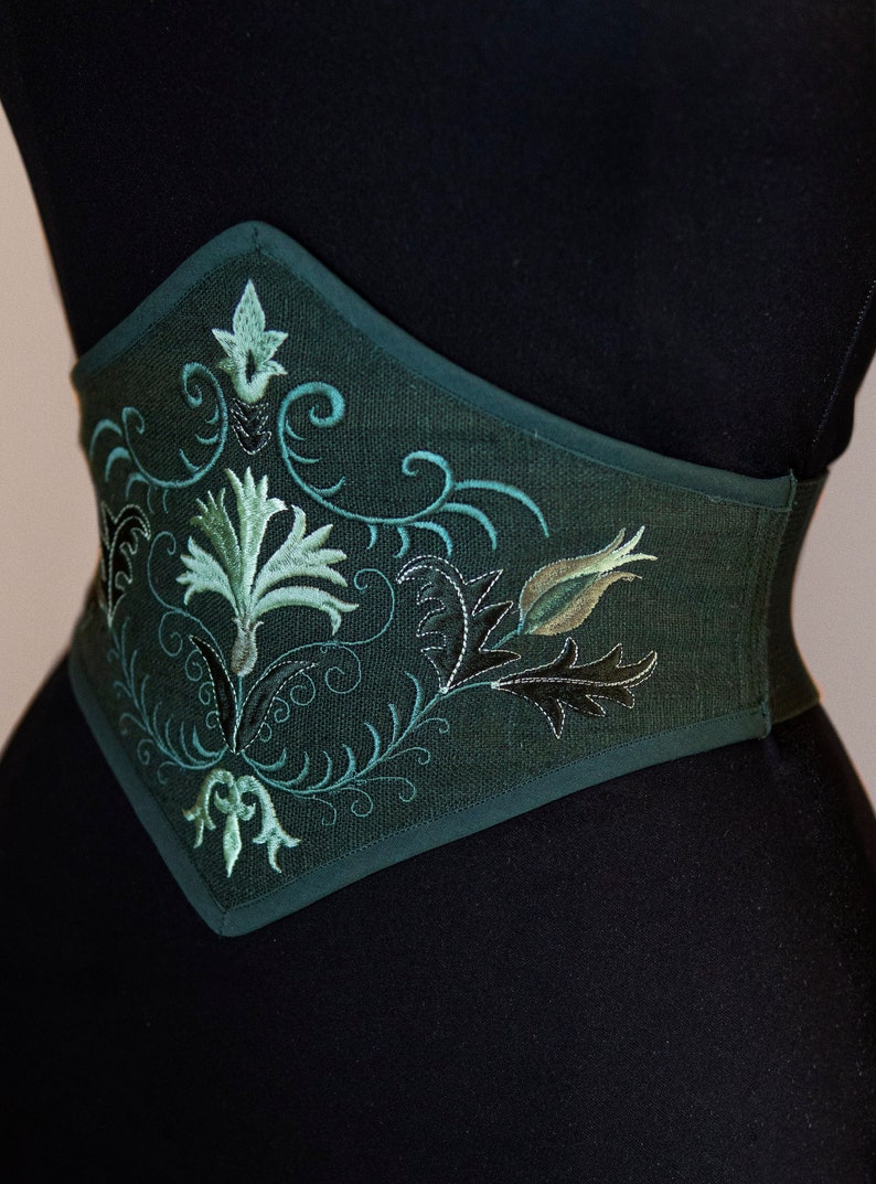 Fir Green Embroidered Linen Corset Belt - Etsy