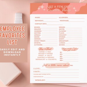 Employee Favorite Things List Printable, Coworker Things Questionnaire ...