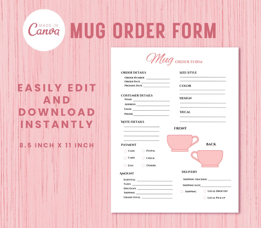 Mug Order Form Template, Printable Order Form Template, Editable Order ...