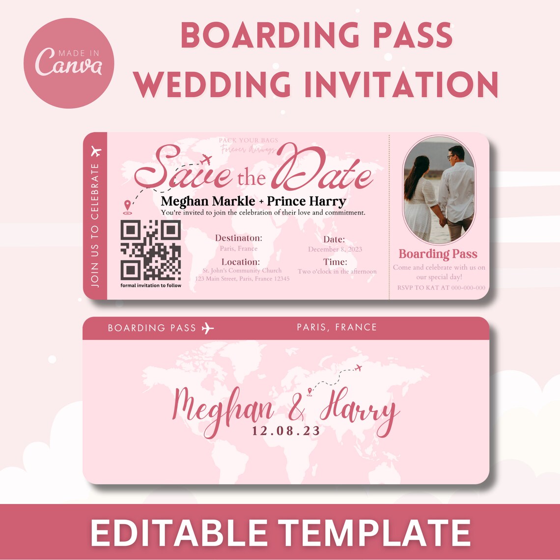 Editable Boarding Pass Wedding Invitation Template Airline Ticket Canva ...