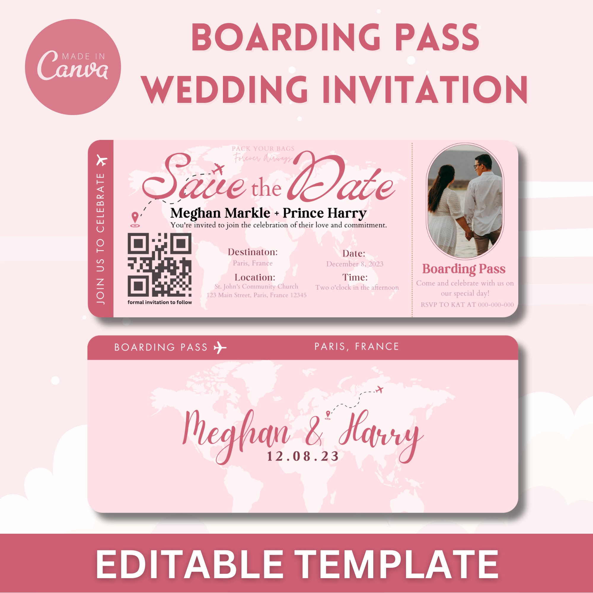 Editable Boarding Pass Wedding Invitation Template Airline Ticket Canva ...