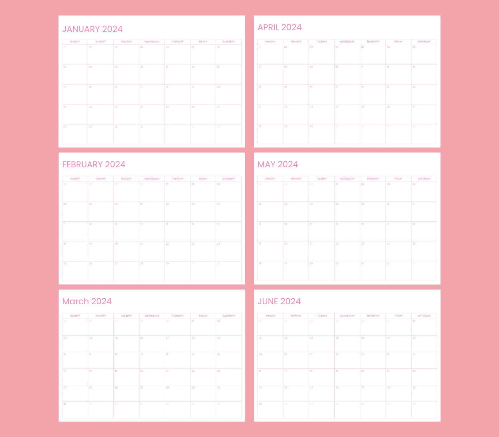 2024 Monthly Calendar Printable Pink Minimalist 12 Month Calendar ...