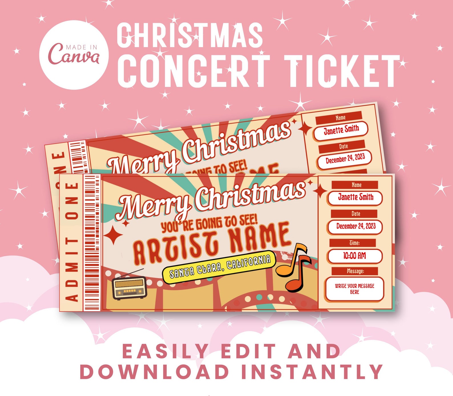 Christmas Concert Ticket Gift Retro Editable Christmas Git Template ...